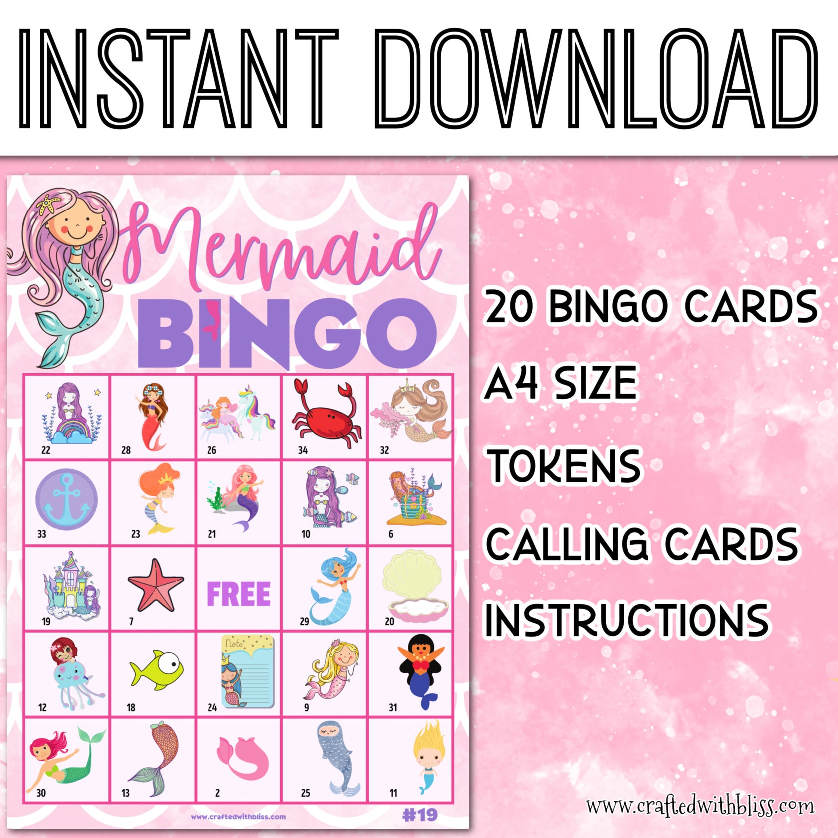 Mermaid Bingo For Kids - 20 Cards – CraftedwithBliss
